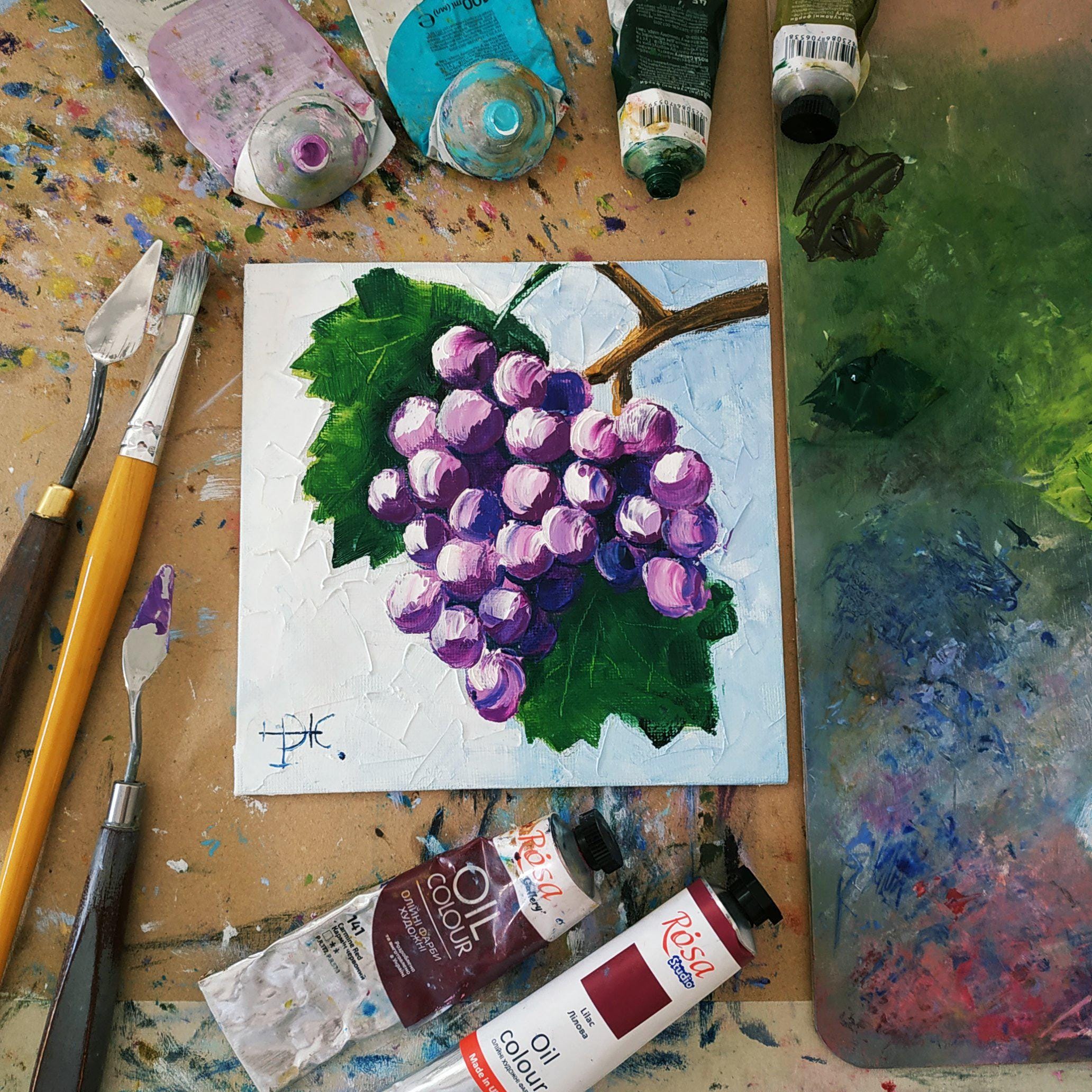 Pintura a óleo original de uvas, estilo impasto, para decoração de ...