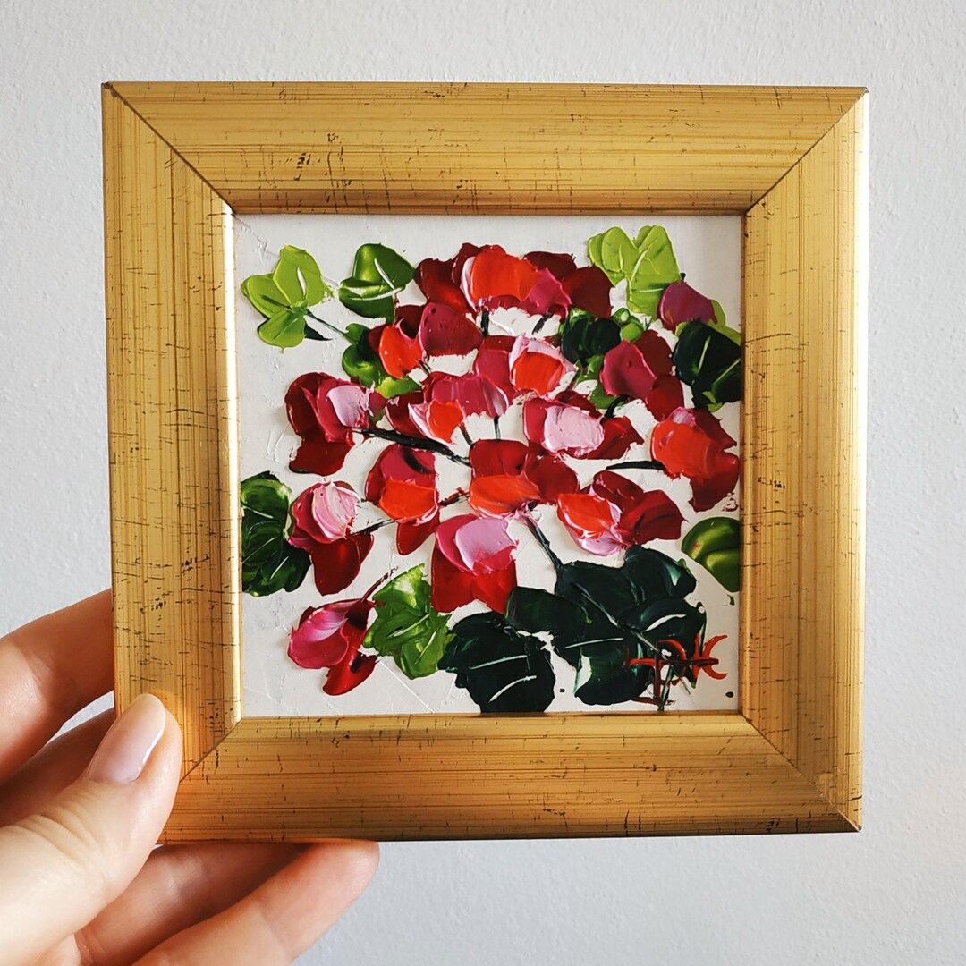 Geranium Impasto Oil Painting: 3D Floral Art, Framed Small Artwork - Etsy