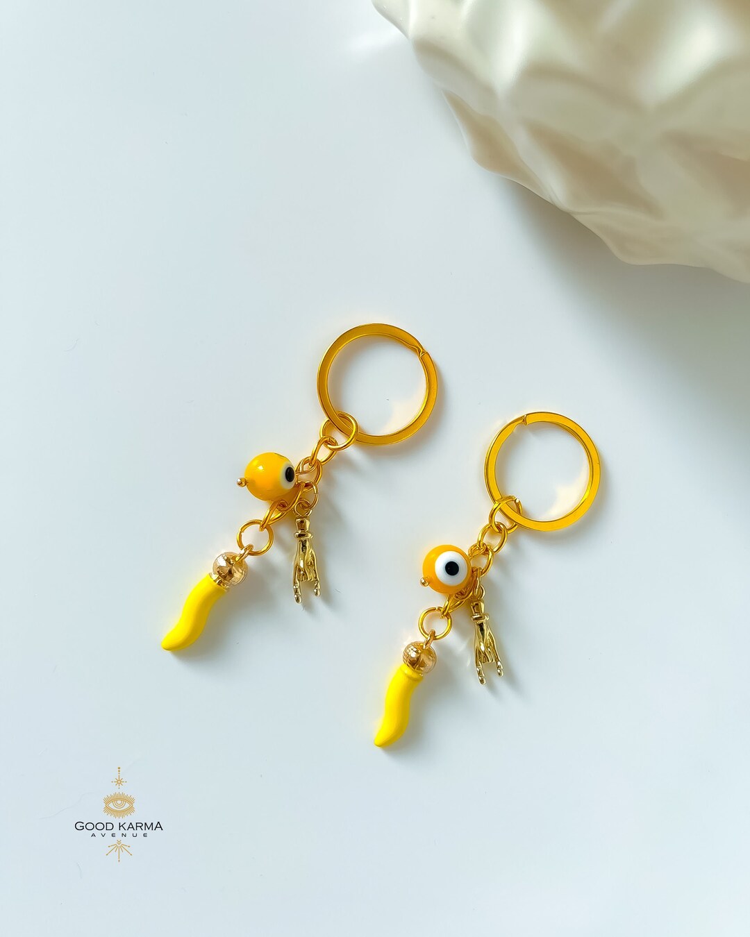 Yellow Cornicello Keychain, Italian Horn Keyring, Mano Cornuto Evil Eye ...