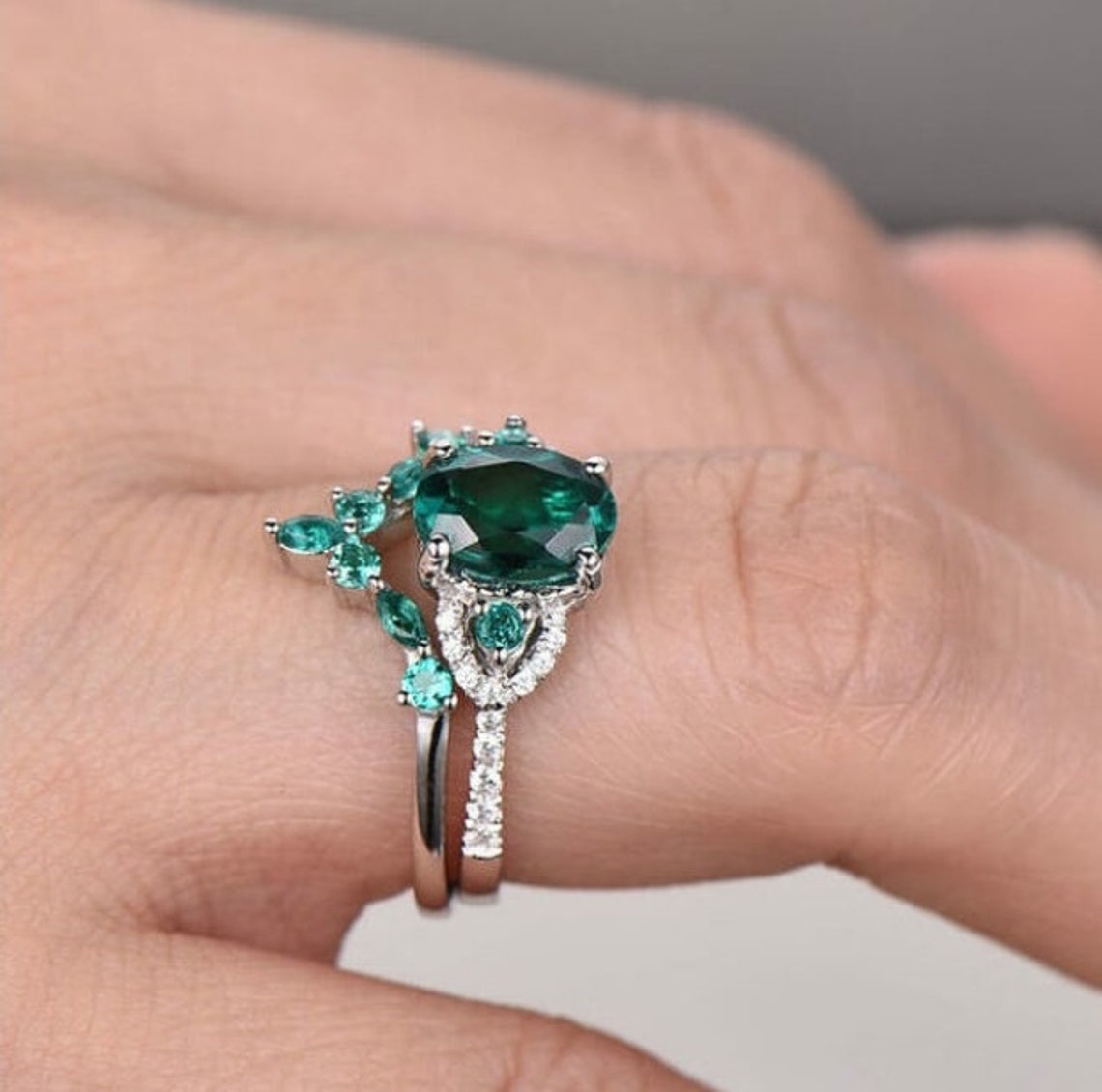 Oval Cut Green Emerald Engagement Ring Halo Engagement Ring White Gold ...