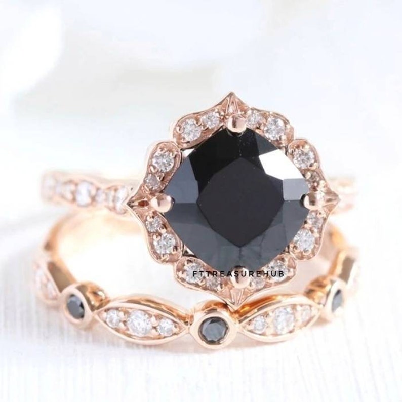 Black and White Diamond Ring Black Stone Wedding Ring Cushion Cut Rose ...