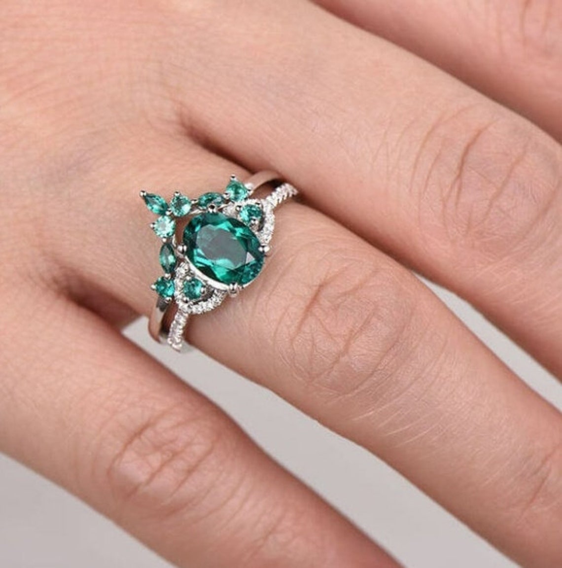 Oval Cut Green Emerald Engagement Ring Halo Engagement Ring White Gold ...