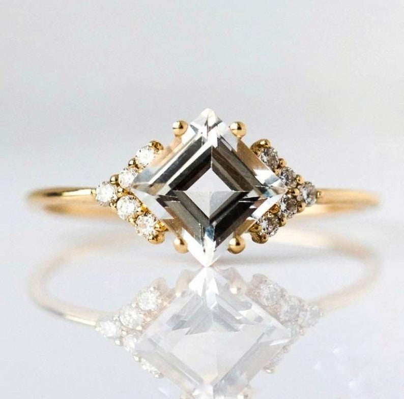 White Topaz Engagement Ring Square Cut 14K Yellow Gold Engagement Ring ...