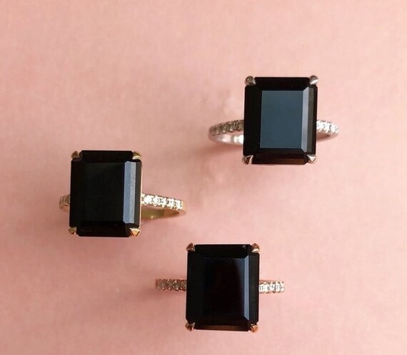 Emerald Cut Black Onyx Engagement Ring Vintage CZ Diamond - Etsy