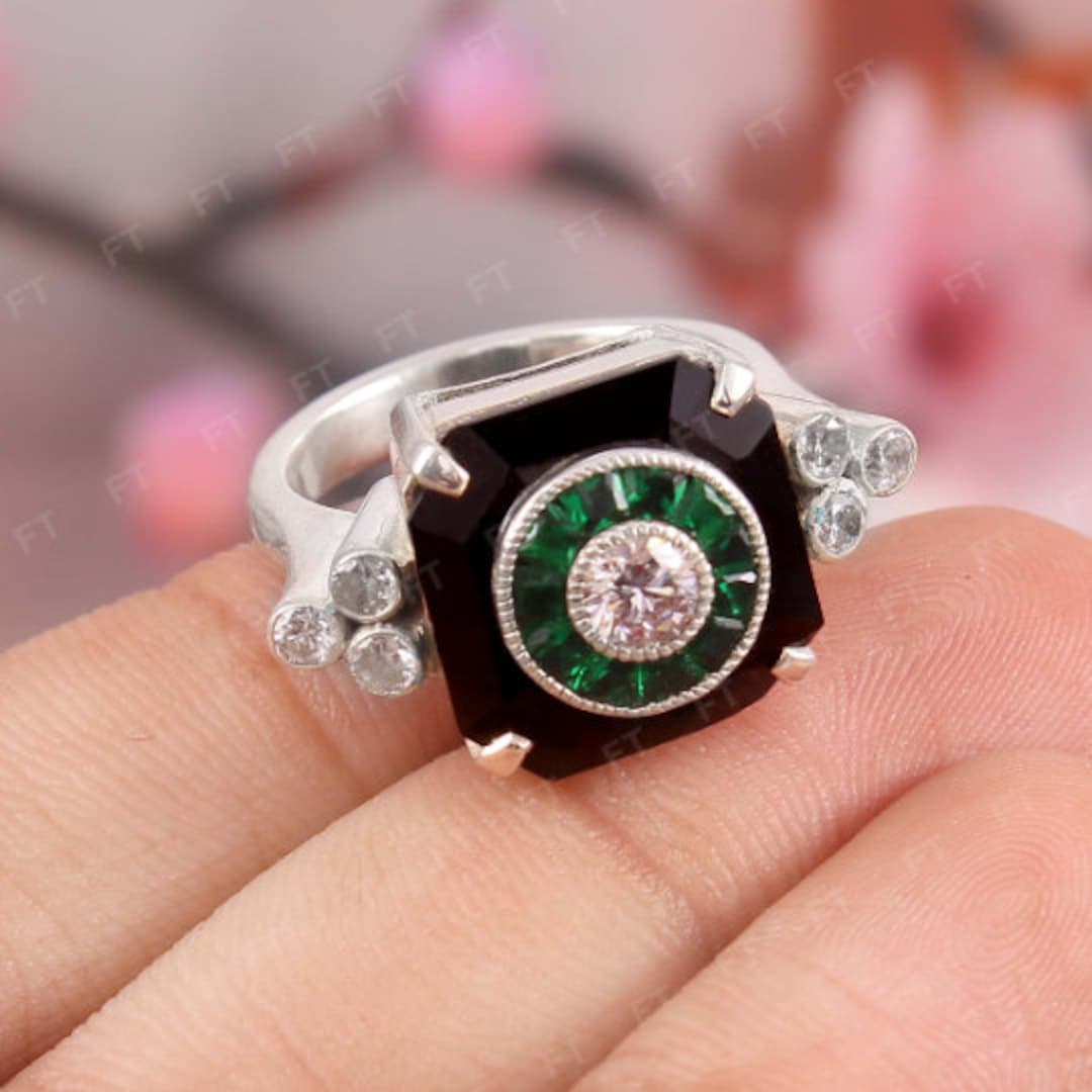 Black Onyx & CZ Diamond Ring-art Deco Onyx Asscher Cut Ring-black Onyx ...