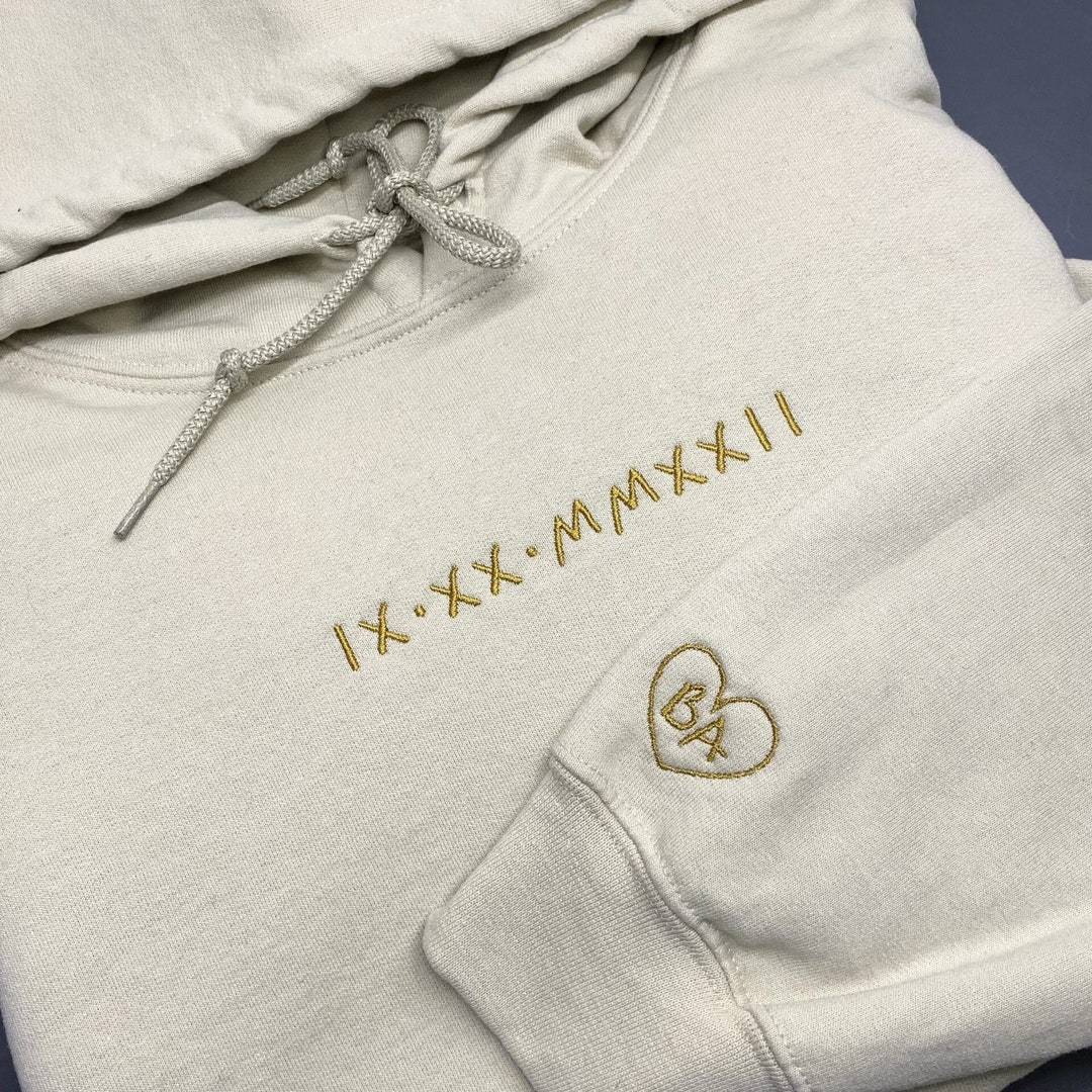Custom Roman Embroidery Numerals, Numbers Hoodie, Sand Beige Gold Color ...