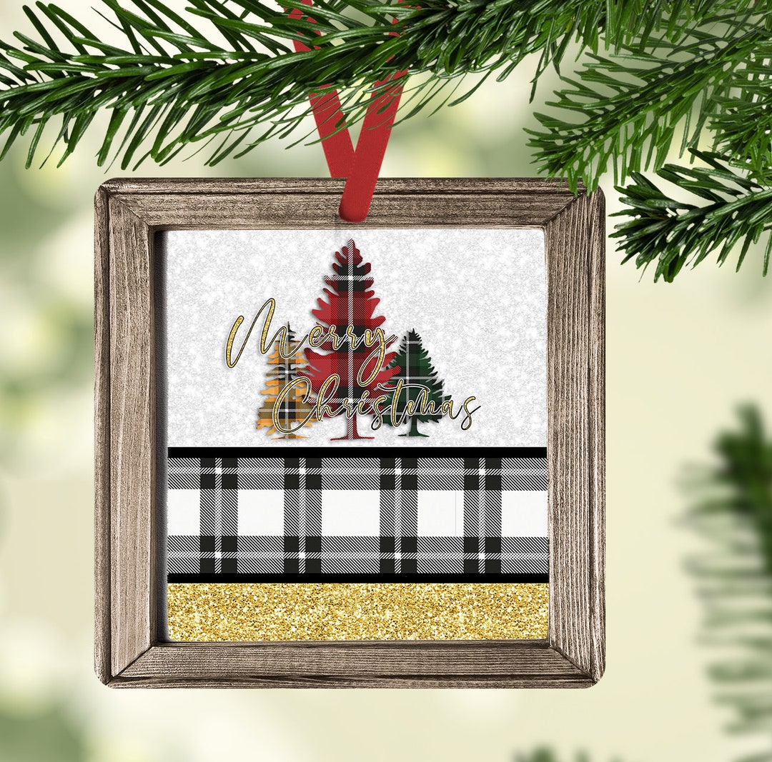 Square Christmas Ornament Faux Wood Frame Christmas Tree Plaid - Etsy