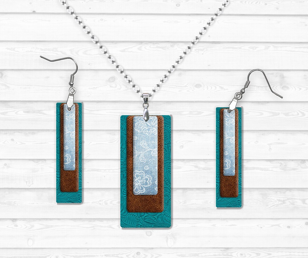 Sublimation Rectangle Drop Bar Earring and Necklase Set Teal Denim and ...