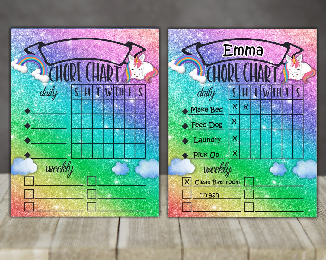 Sublimation Digital Rainbow Glitter Unicorn Chore Chart Design ...