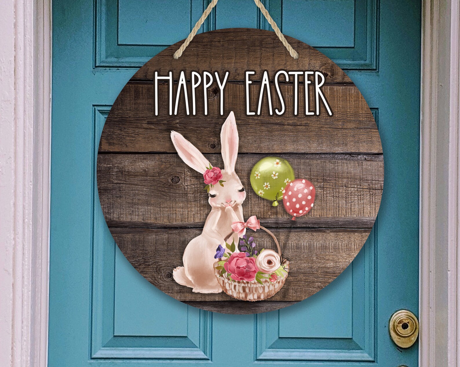 Round Door Hanger Happy Easter Faux Wood Bunny Happy Easter - Etsy