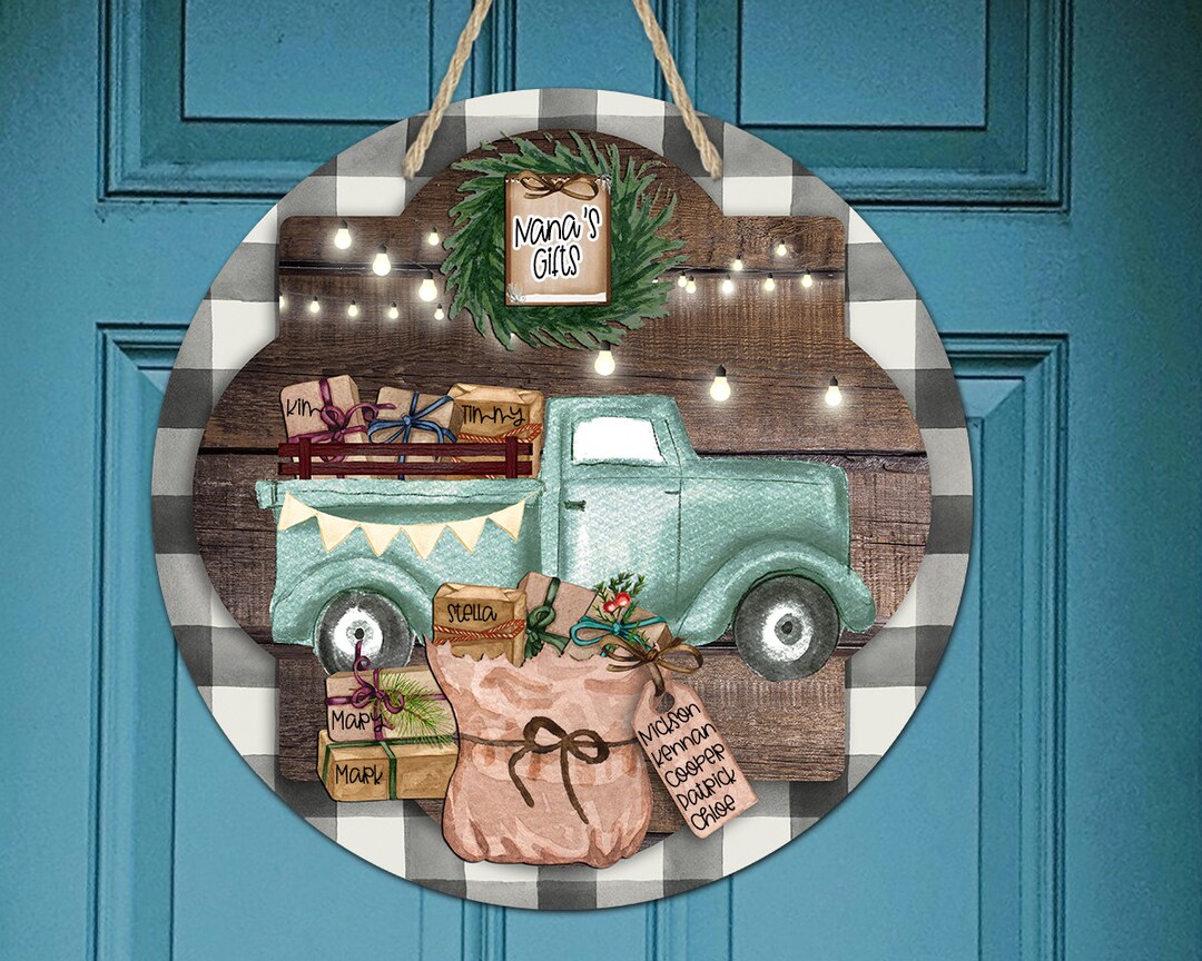 Round Sublimation Door Hanger Teal Truck Plaid Christmas Gifts ...