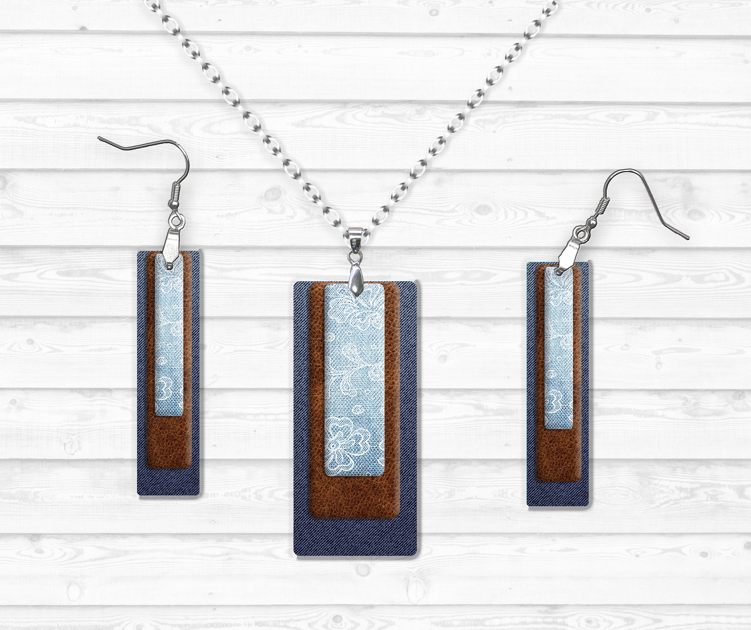 Sublimation Rectangle Drop Bar Earring and Necklase Set Denim and ...