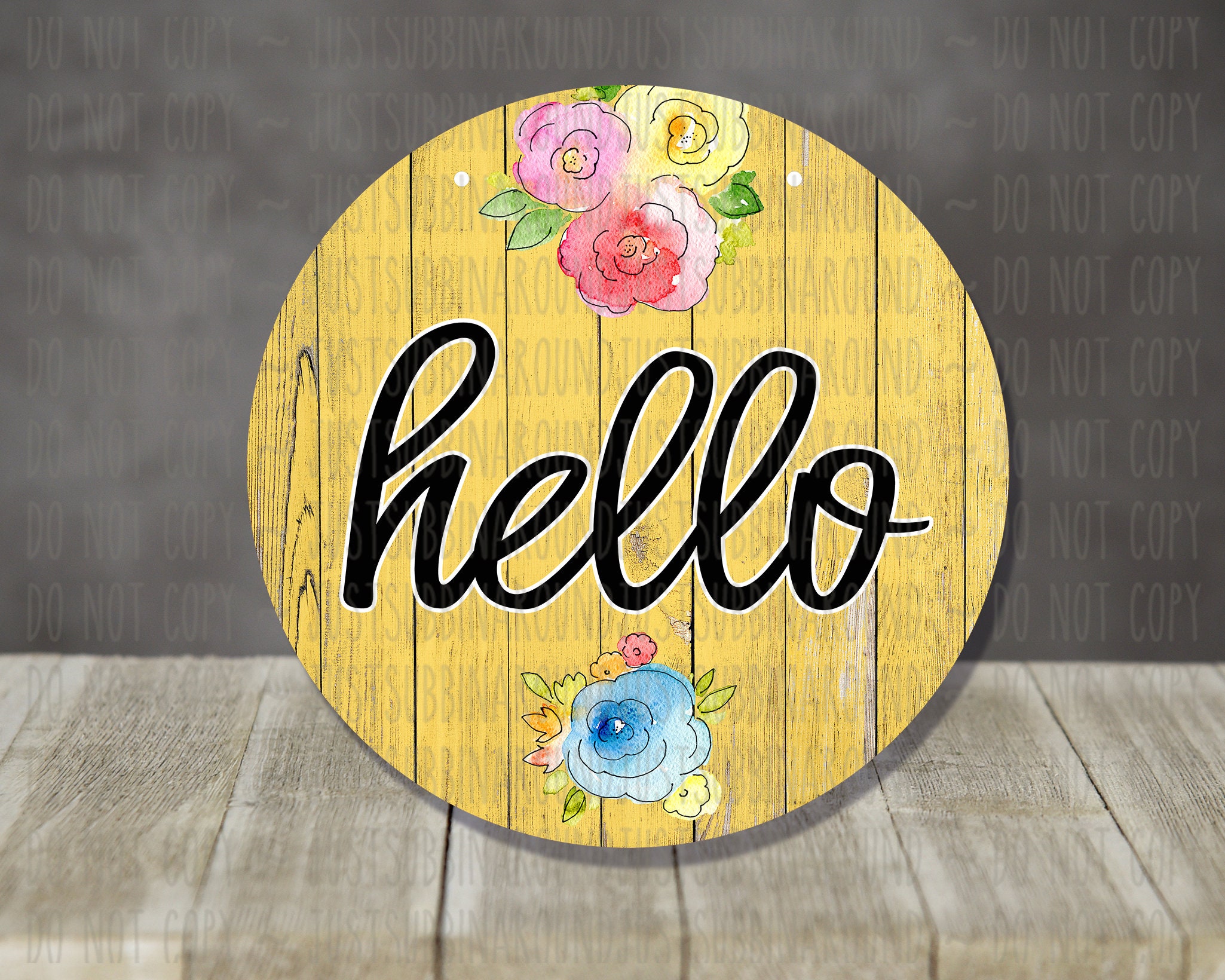 Hello Yellow Wood Floral Welcome Sign Digital Design for | Etsy