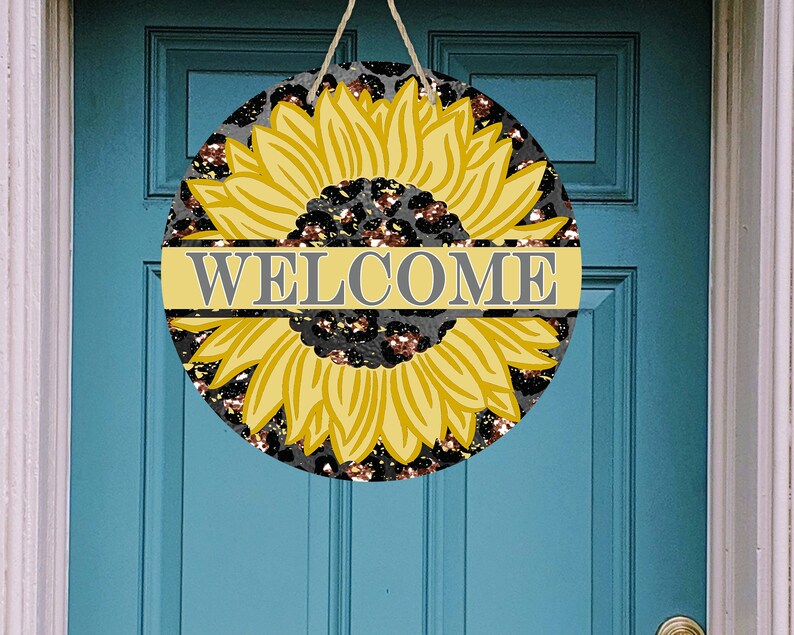 Round Door Hanger Sunflower and Leopard Split Welcome | Etsy