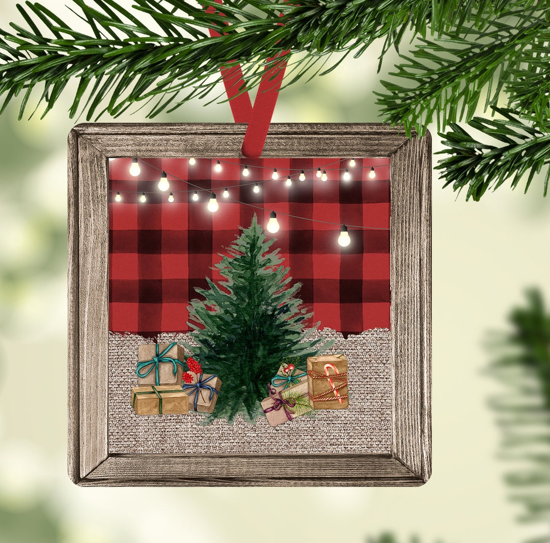 Square Christmas Ornament Faux Wood Frame Christmas Tree Plaid - Etsy