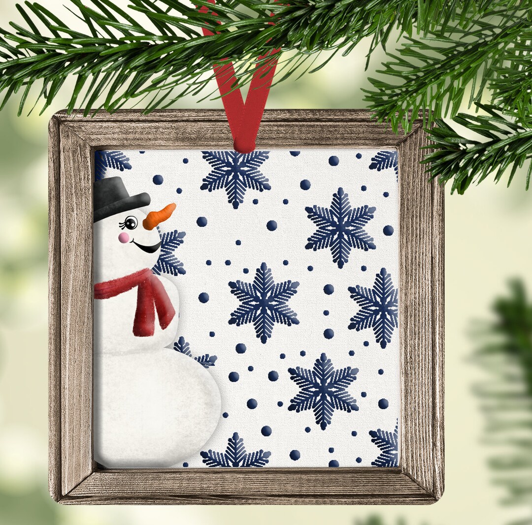 Square Christmas Ornament Faux Wood Frame Christmas Snowman Winter ...