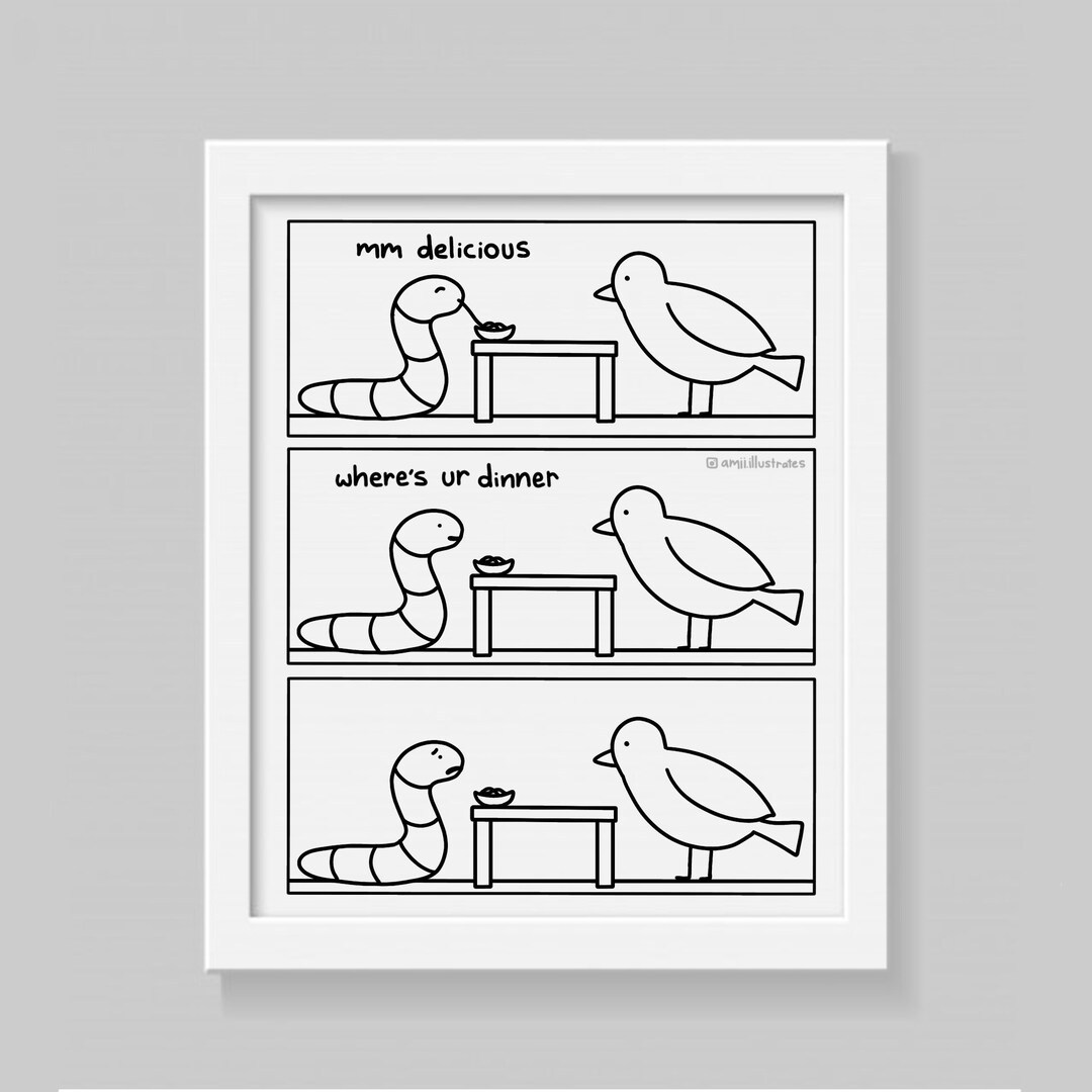 Funny Webcomic Bird Worm dinner Illustration Print, Unique Comic Art ...