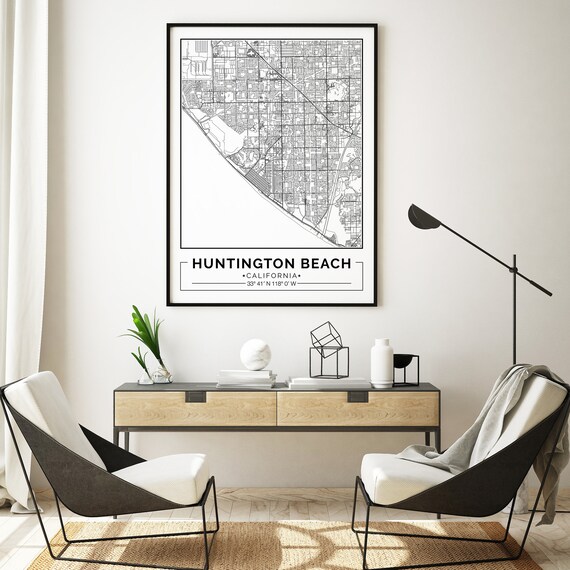 D615v4 Huntington Beach Map Poster Wall Art Ca City Map Road Map Gift ...