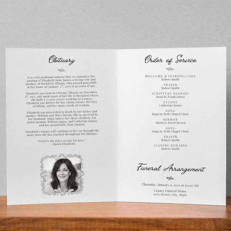 Editable Memorial Program Template for Women | Black & White Floral ...