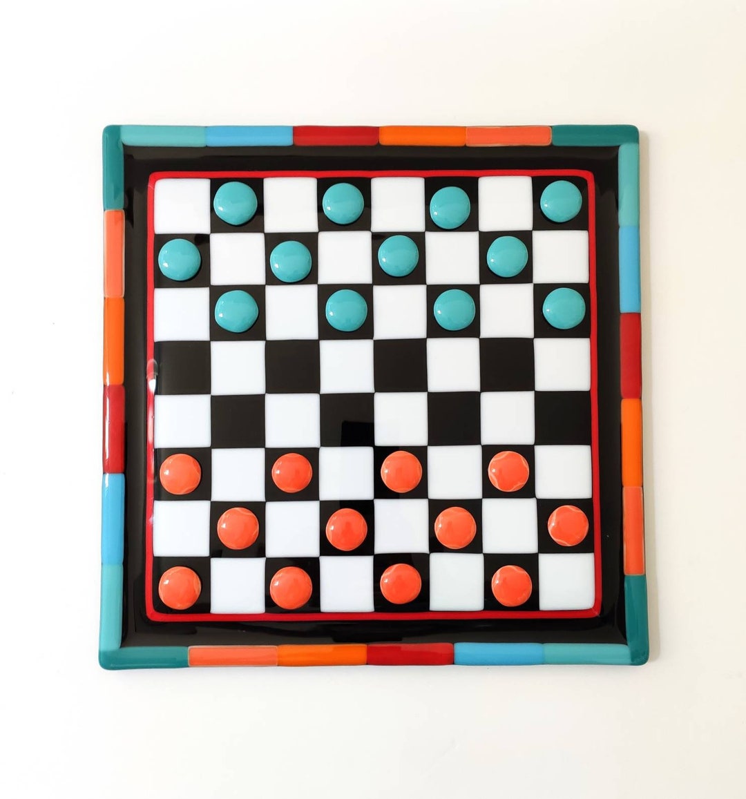 Checker Board Fused Glass - Rainbow Checkers Set - Chess Board - Glass ...