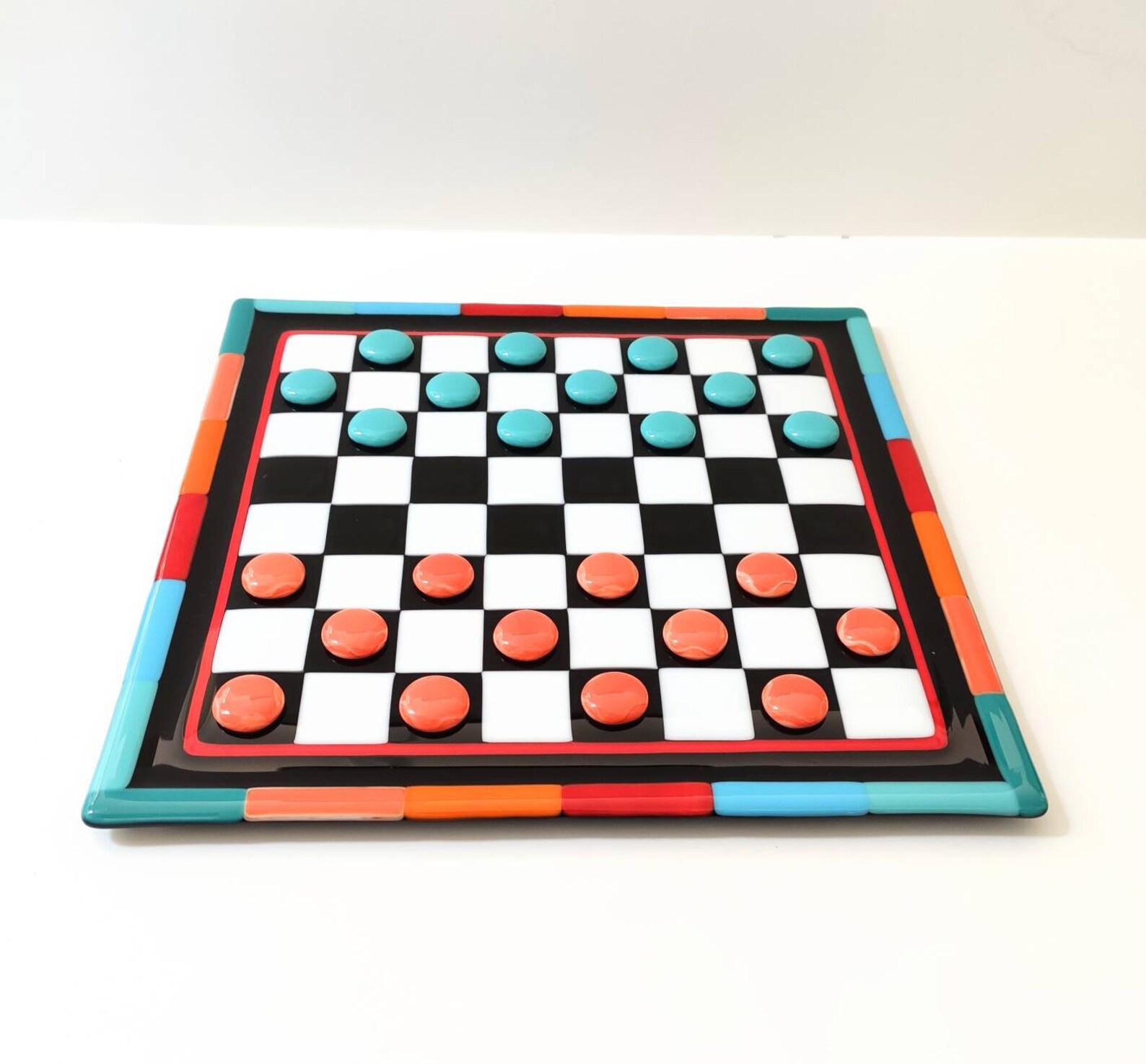 Checker board fused glass rainbow checkers set chess board | Etsy