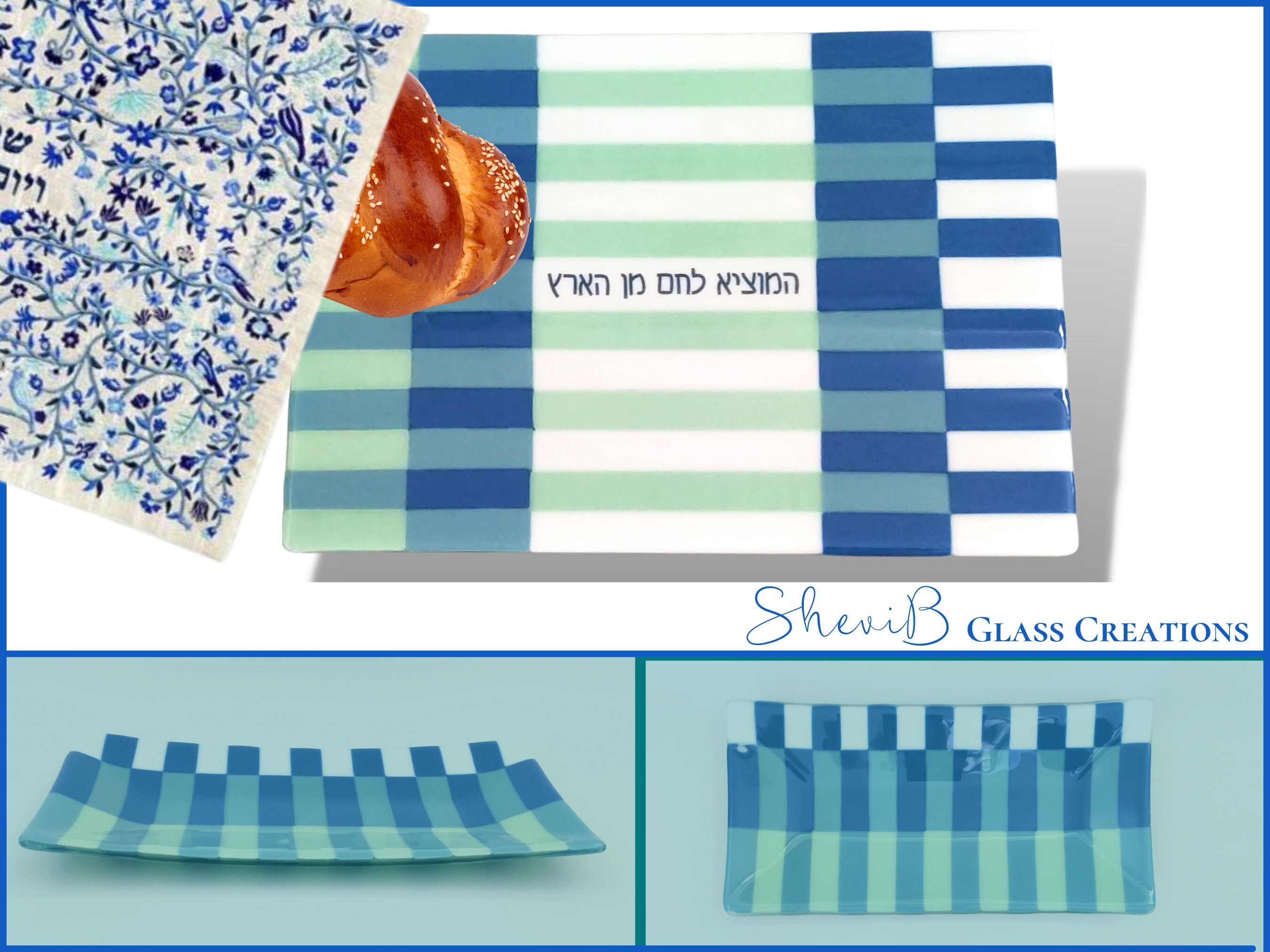 Challah board - blue and white fused glass challah tray - modern ...