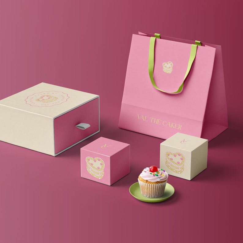 Vintage Cake Logo Design: Premade Logo, 70s Retro Bakery Branding Set ...