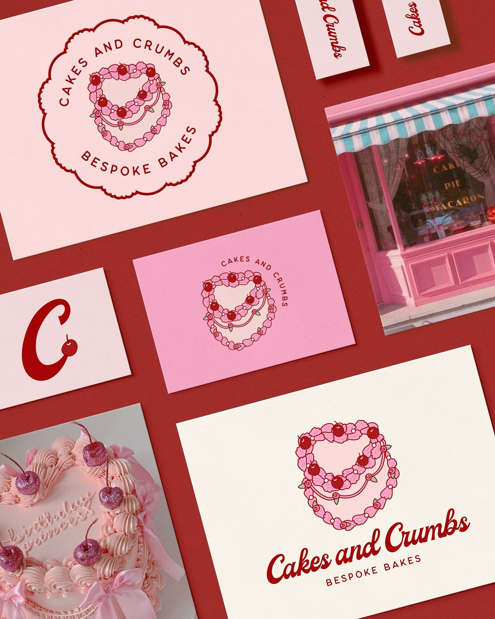 Vintage Cake Logo: 70s Bakery Branding, Pink Cherry Logo Design ...