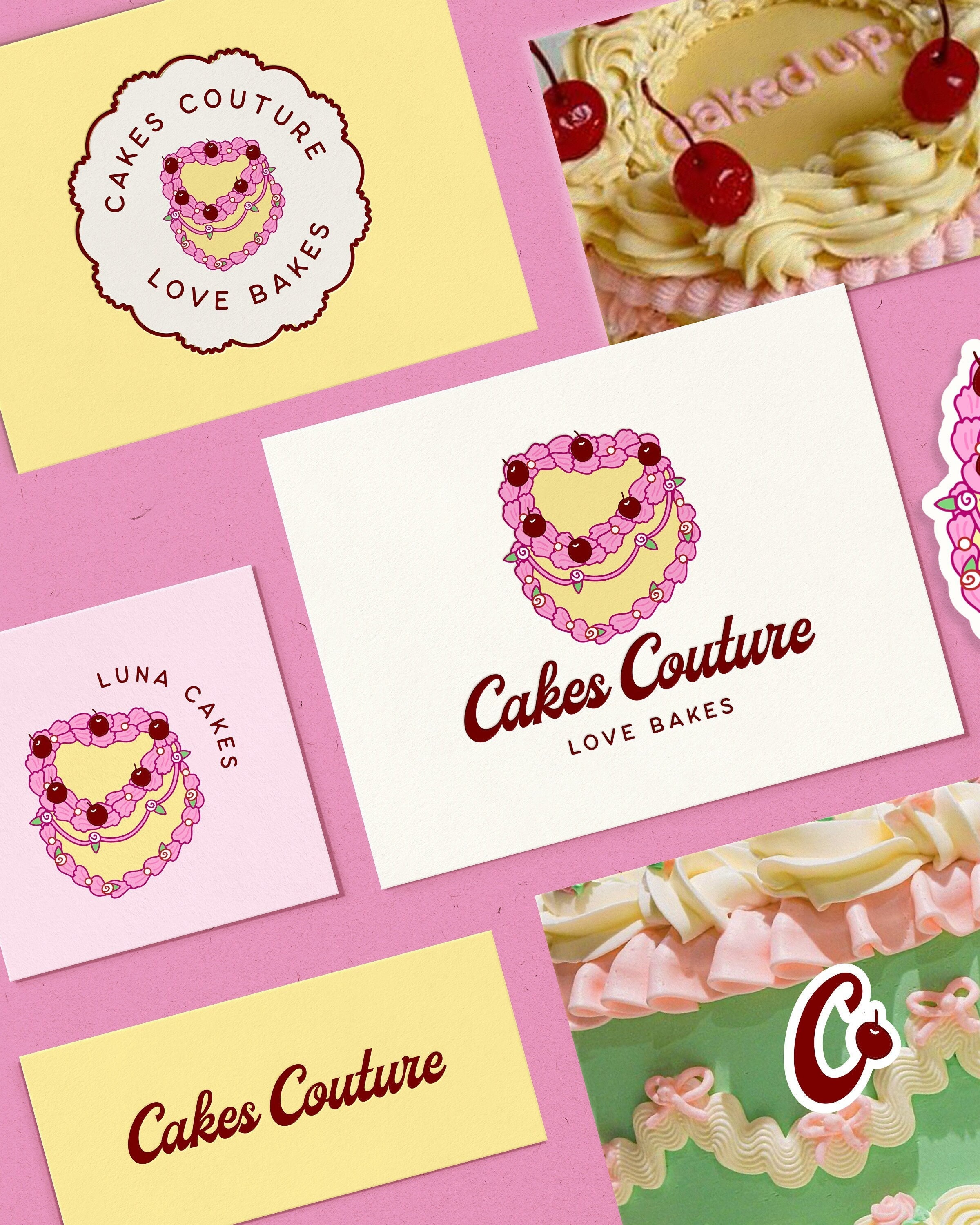 Vintage Cake Logo: 70s Bakery Branding, Pink Cherry Logo Design ...