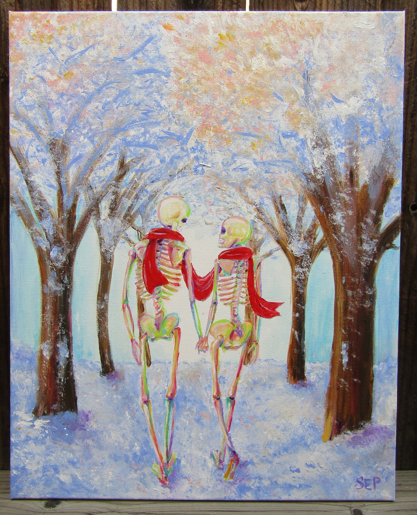 16x20 Acrylic Winter Skeletons Painting | Etsy
