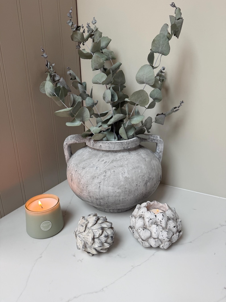 Rustic Stone Vase With Handles: Farmhouse Decor, Distressed Grey ...