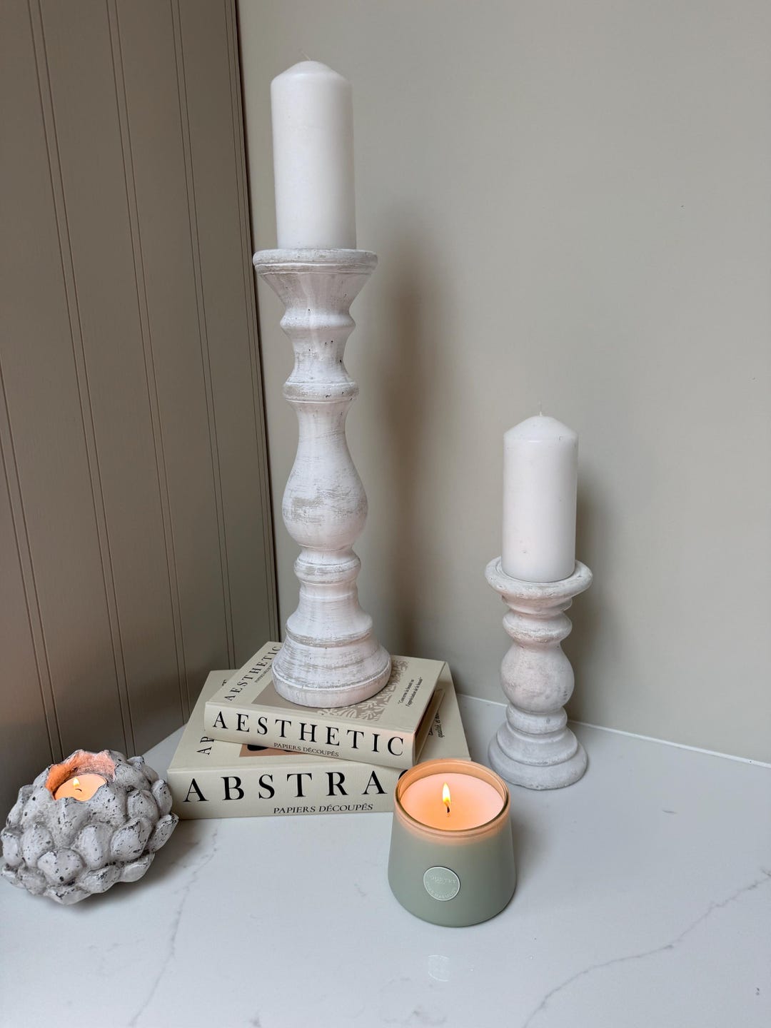 Handcrafted Whitewashed Stone Pillar Candle Stick Stand Holder: Rustic ...