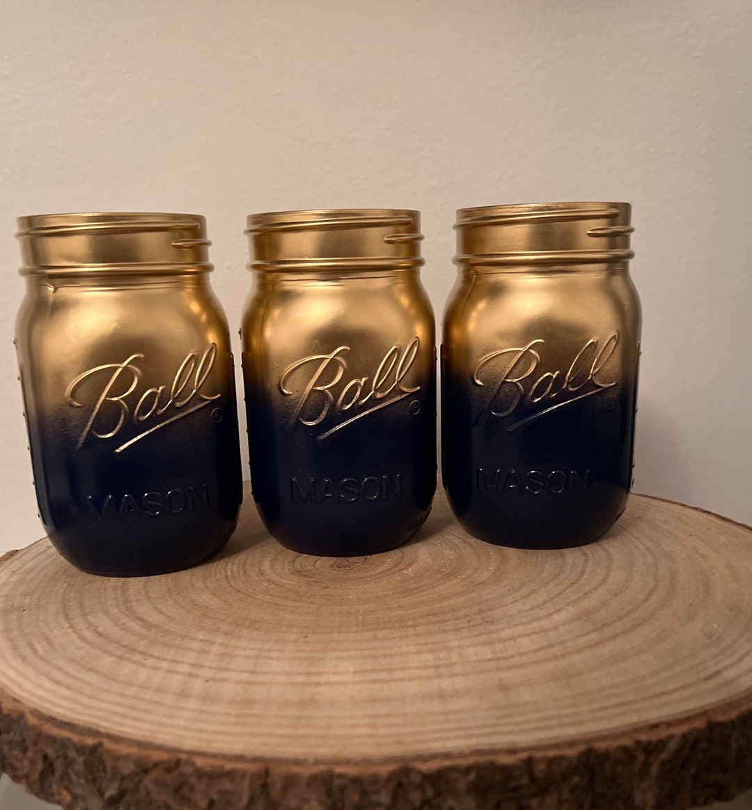 3 Navy and Gold Mason Jars/ Ombre Mason Jars/ Gold Mason Jars/ 3 Mason ...