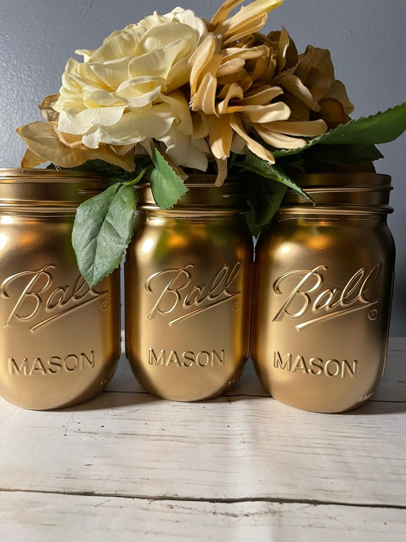3 Gold Painted Jars/ Gold Mason Jars/ 3 Mason Jars/ Gold Vases ...