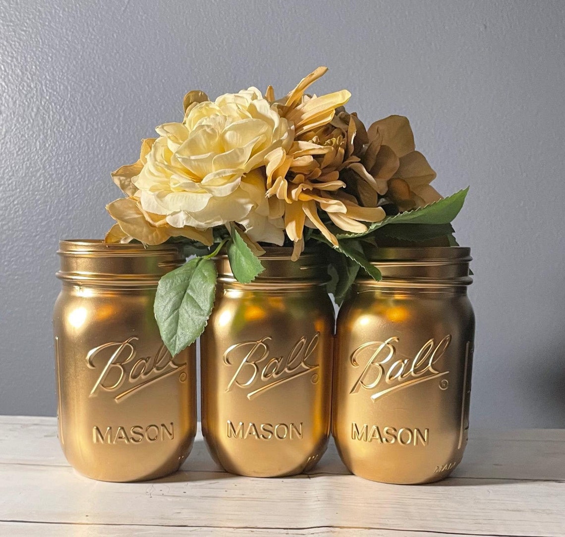 3 Gold Painted Jars/ Gold Mason Jars/ 3 Mason Jars/ Gold Vases ...