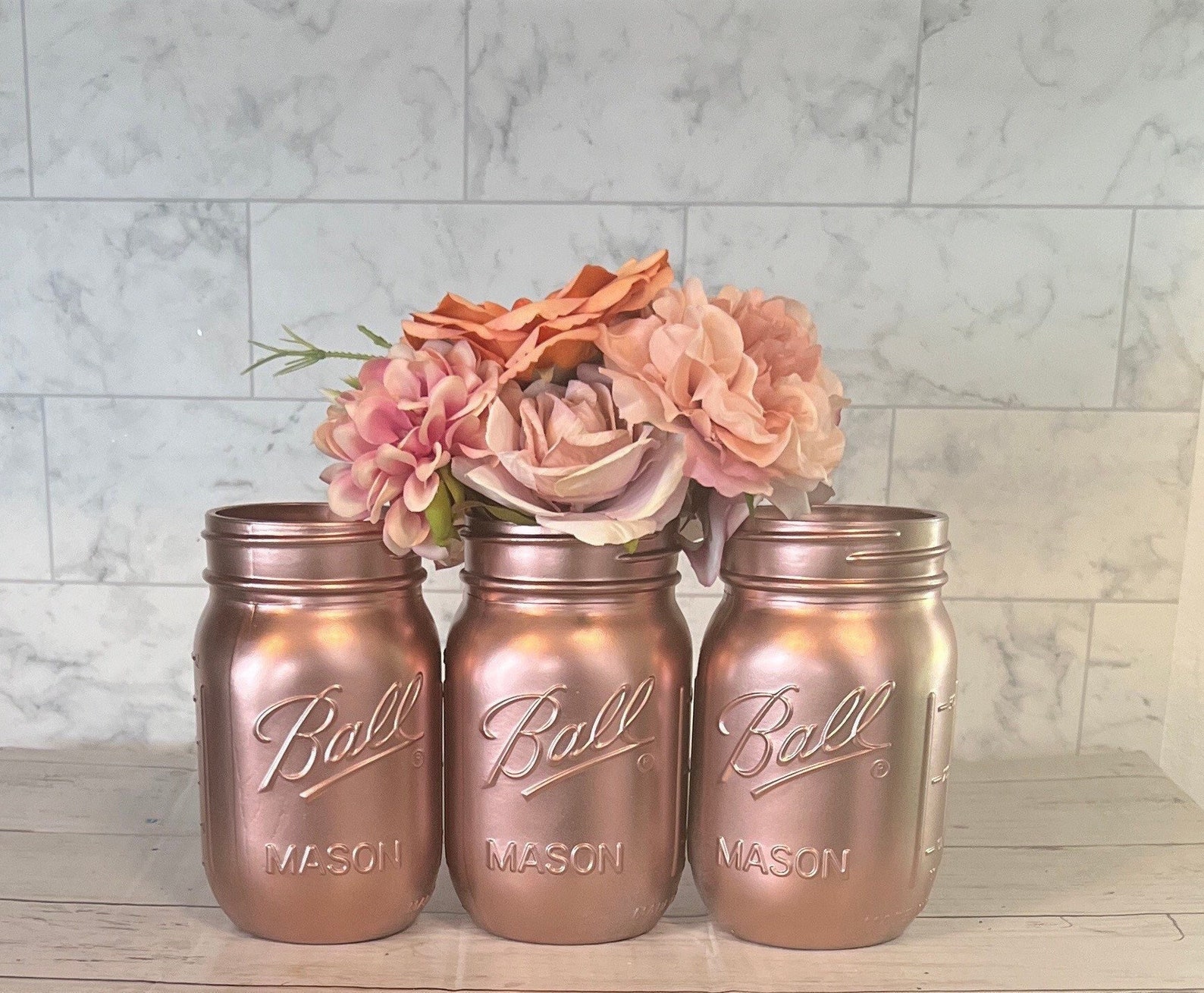 3 Rose Gold Painted Jars/ Rose Gold Mason Jars/ 3 Mason Jars/ Rose Gold ...