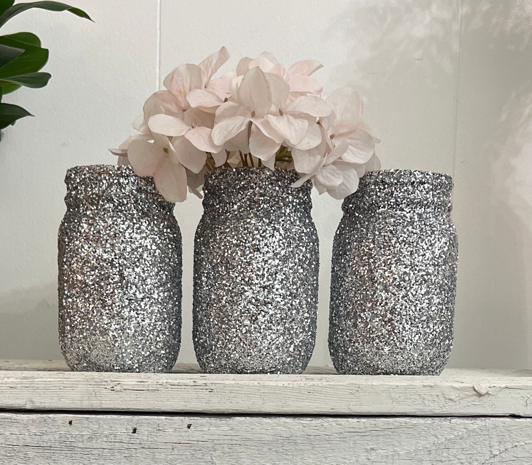 3 Silver Glitter Mason Jars, Wedding Vases, Glitter Jars, Glitter Vases ...
