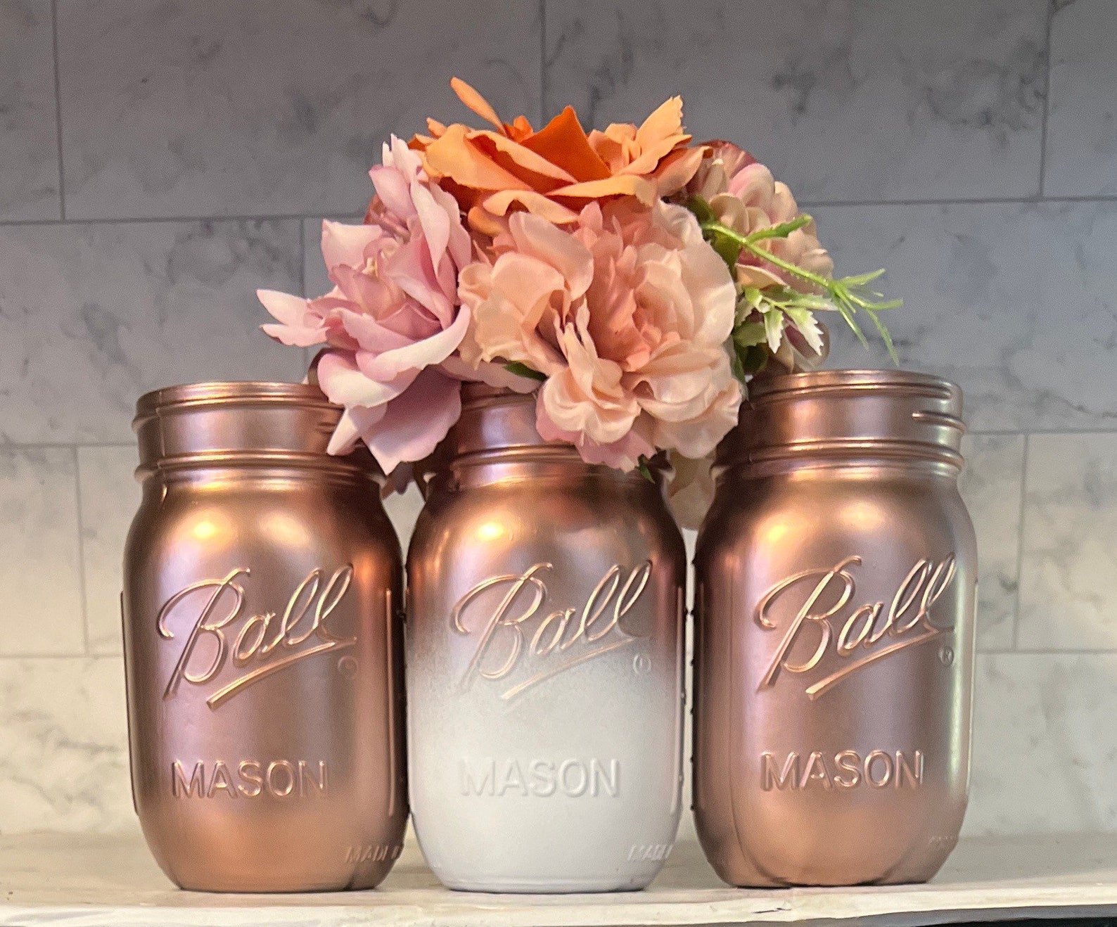 Set of 3 White and Rose Gold Mason Jars Rose Gold and White - Etsy