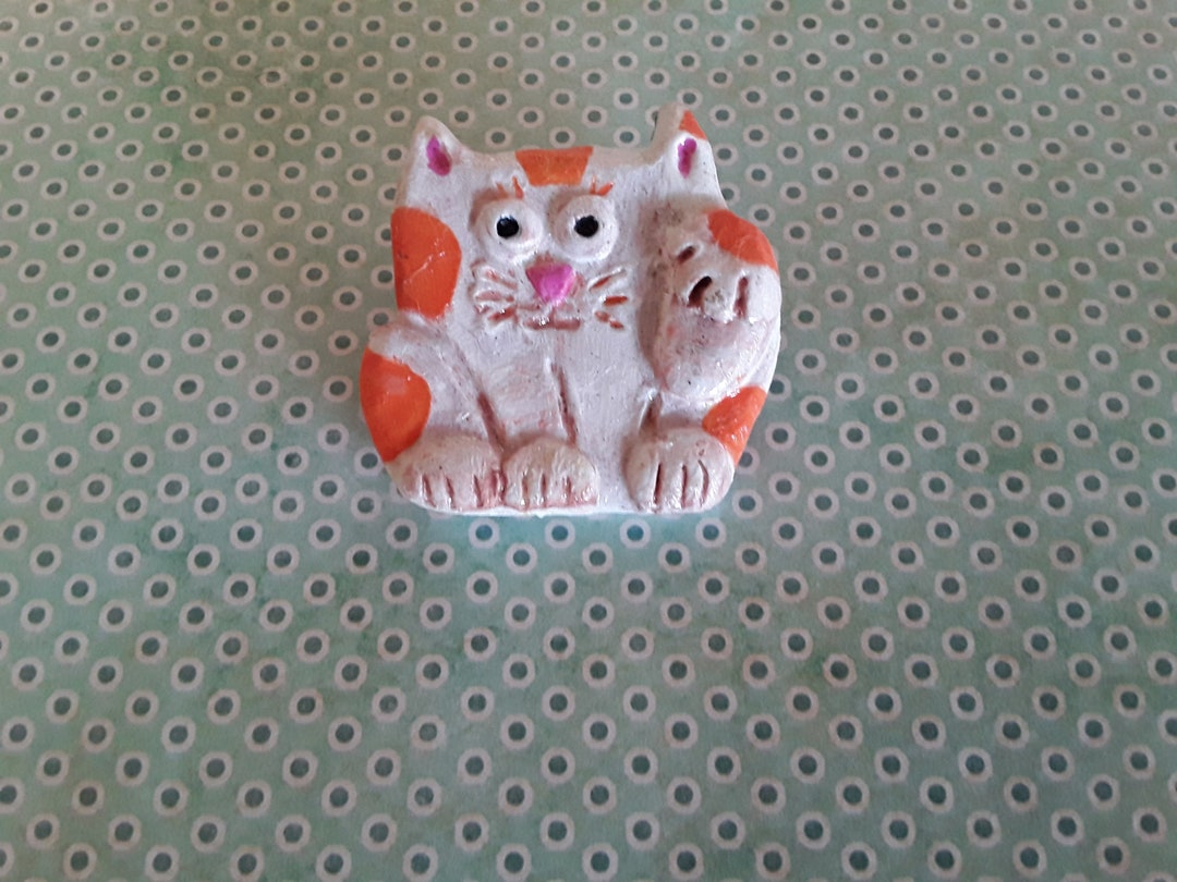 Cat Pin, Beckoning Cat Pin, Clay Pin, Character Pin, Hand Crafted Pin ...