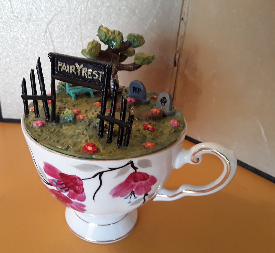 Tea Cup Fairy Garden, Fairy Cemetery, Fairy Graveyard, Fairy Sculpture ...