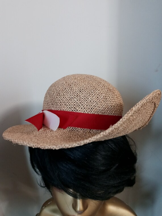 Vintage tan straw hat with ribbon - Gem
