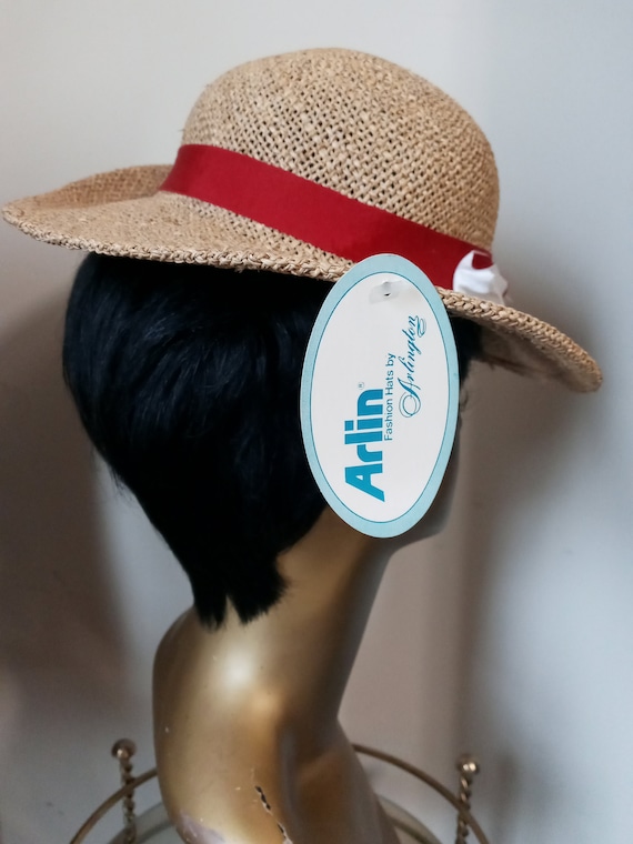 Vintage tan straw hat with ribbon - Gem