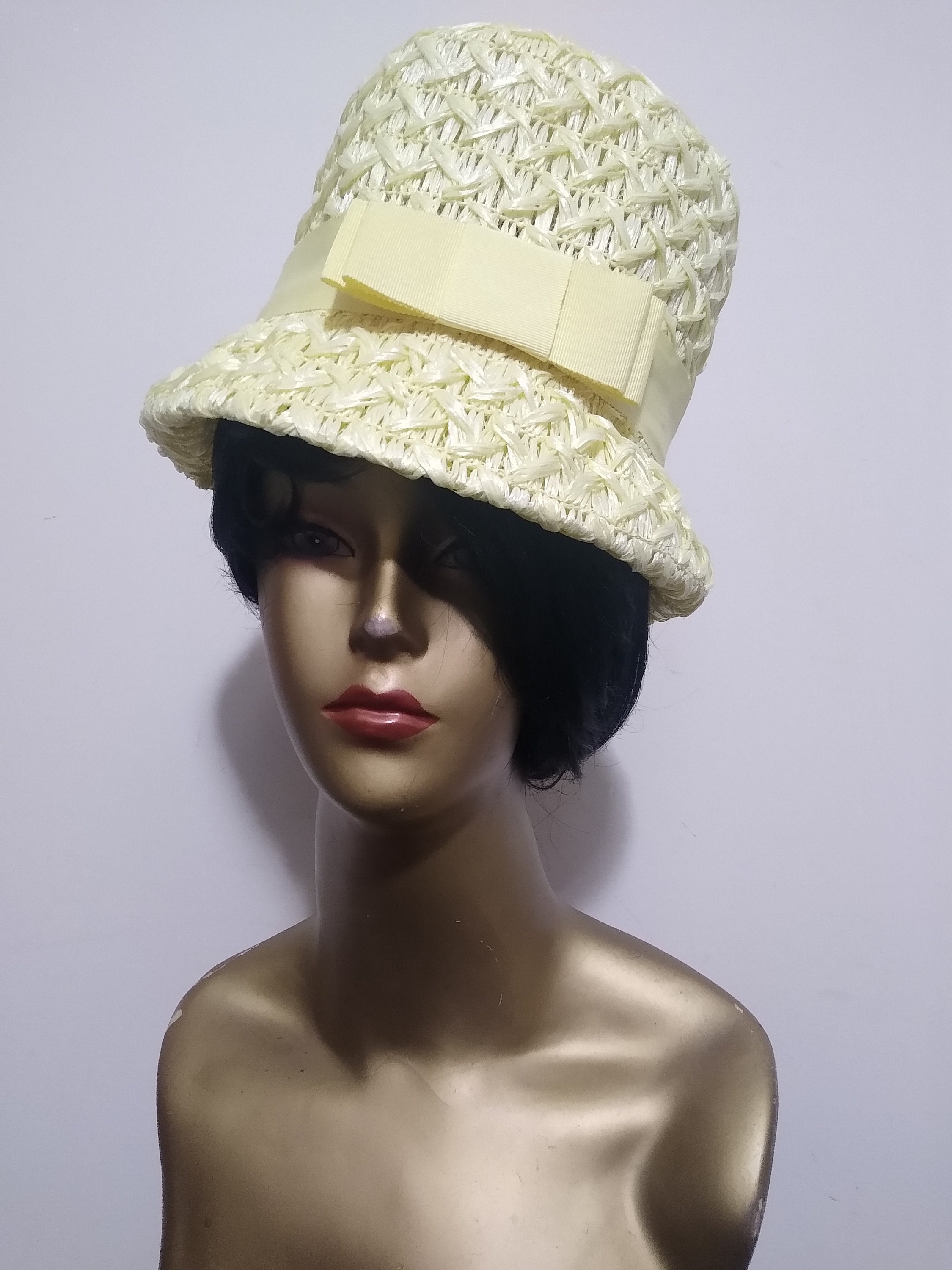 Vintage Yellow Woven Straw Top Hat - Etsy