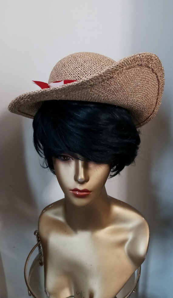 Vintage tan straw hat with ribbon - Gem