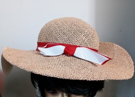 Vintage tan straw hat with ribbon - Gem