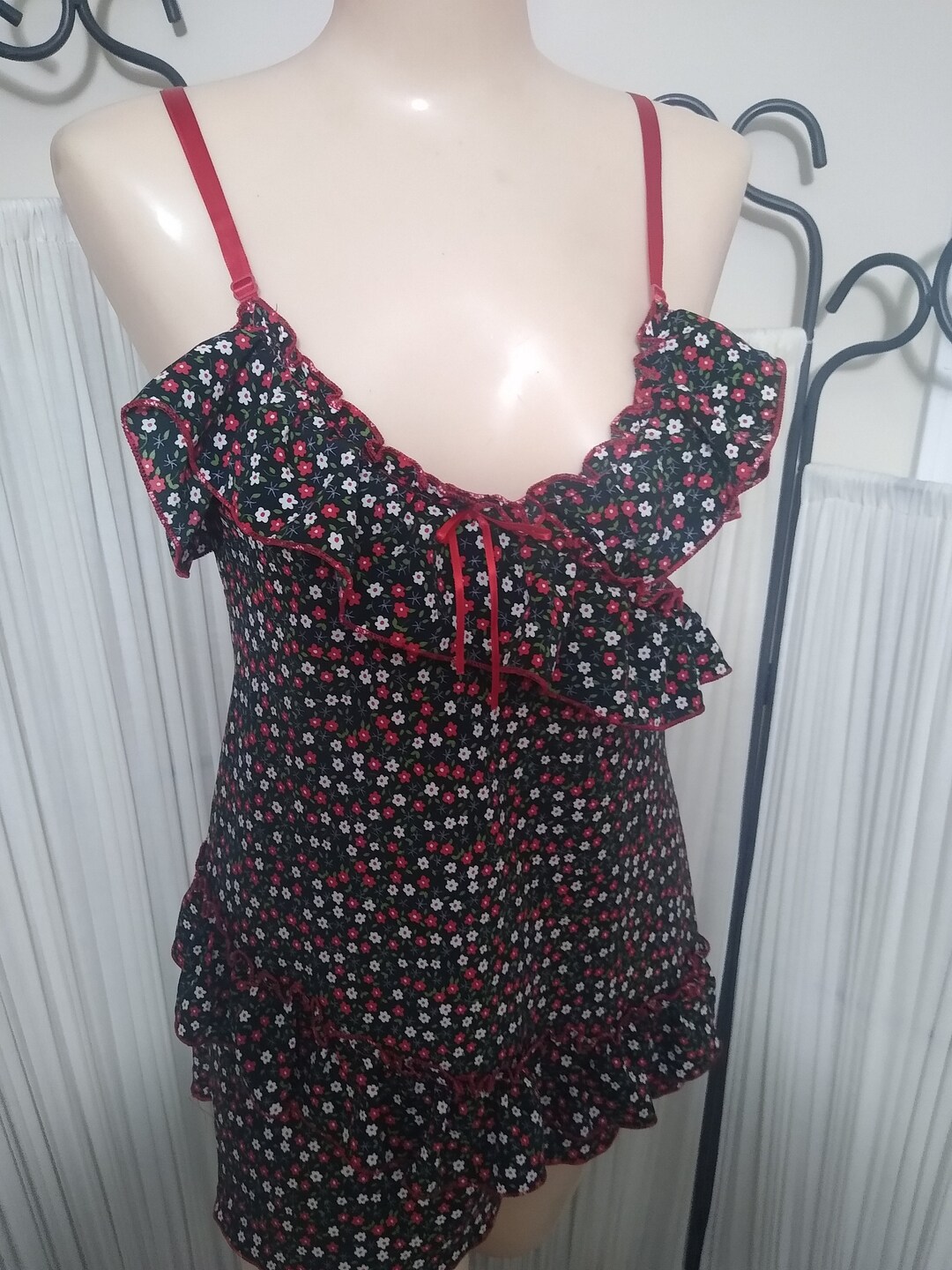 Vintage Black and Red Ruffled Chemise - Etsy