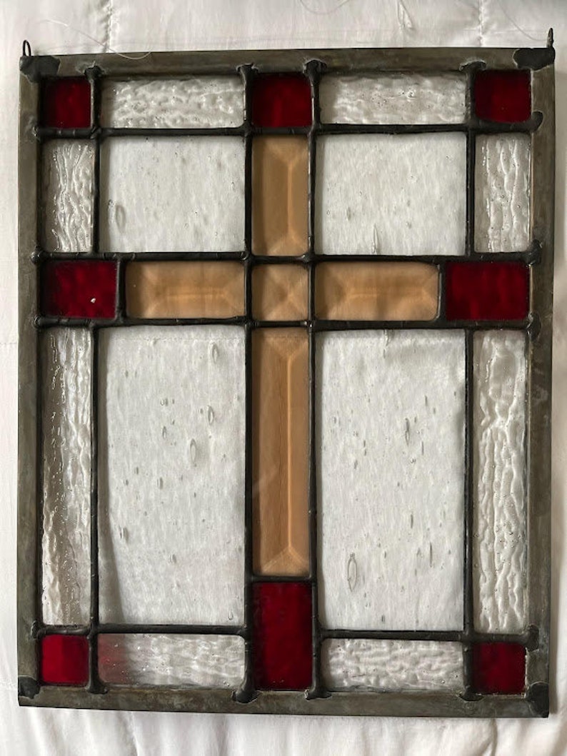 Red, Amber and Diffused Glass Cross Panel With Gray Antiqued Patina - Etsy