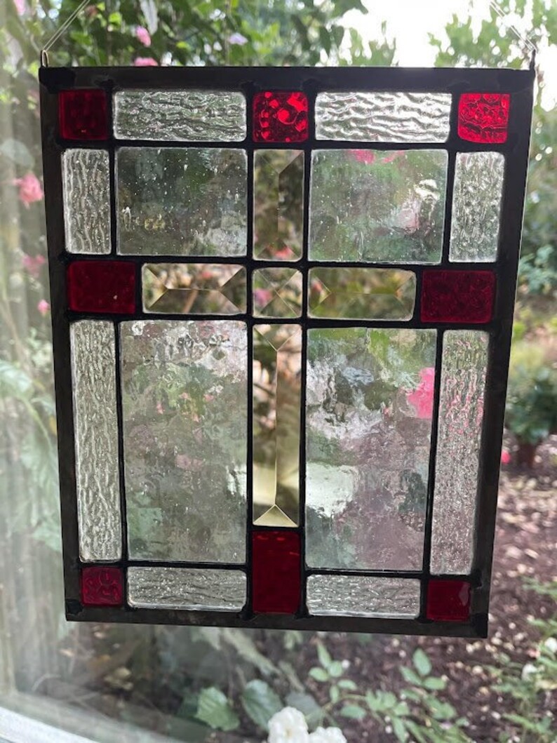 Red Amber and Diffused Glass Cross Panel With Gray Antiqued - Etsy