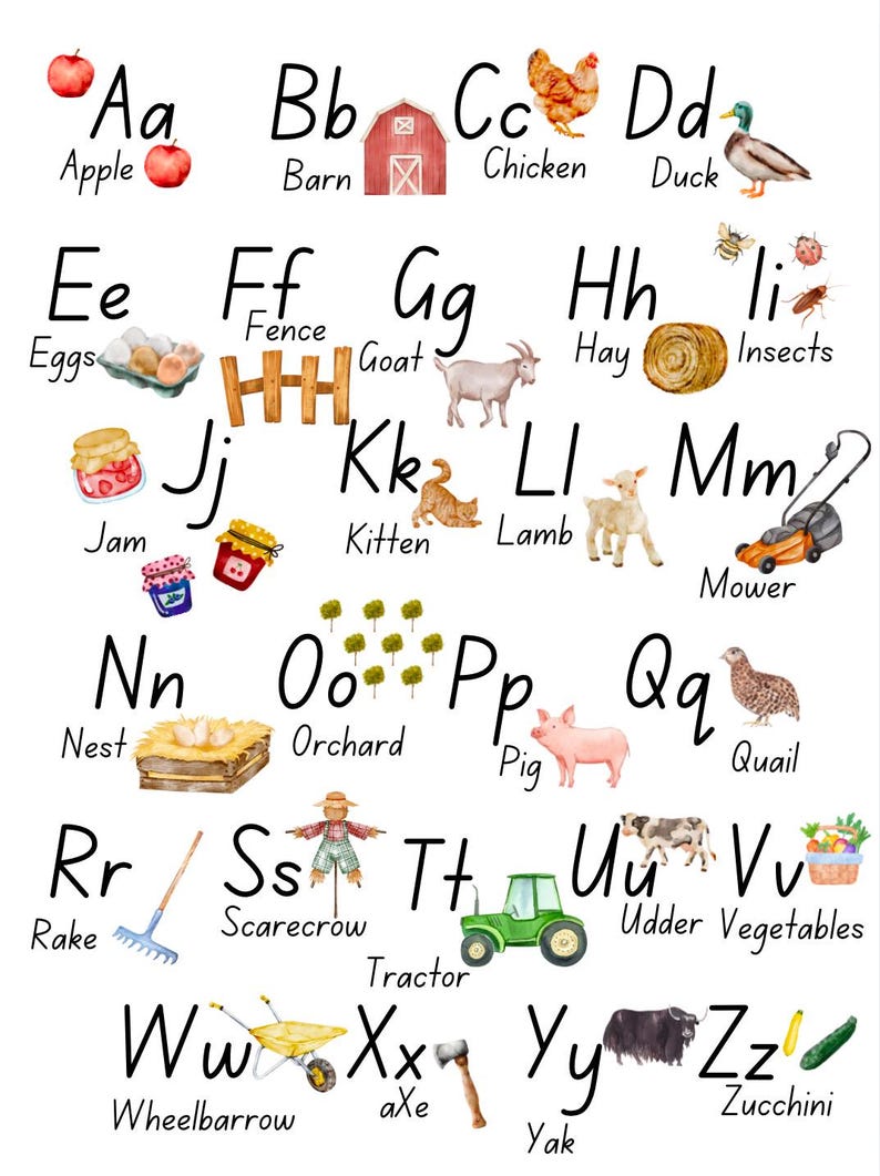Farm Themed Alphabet Poster: Instant Digital Download, Nursery Wall ...
