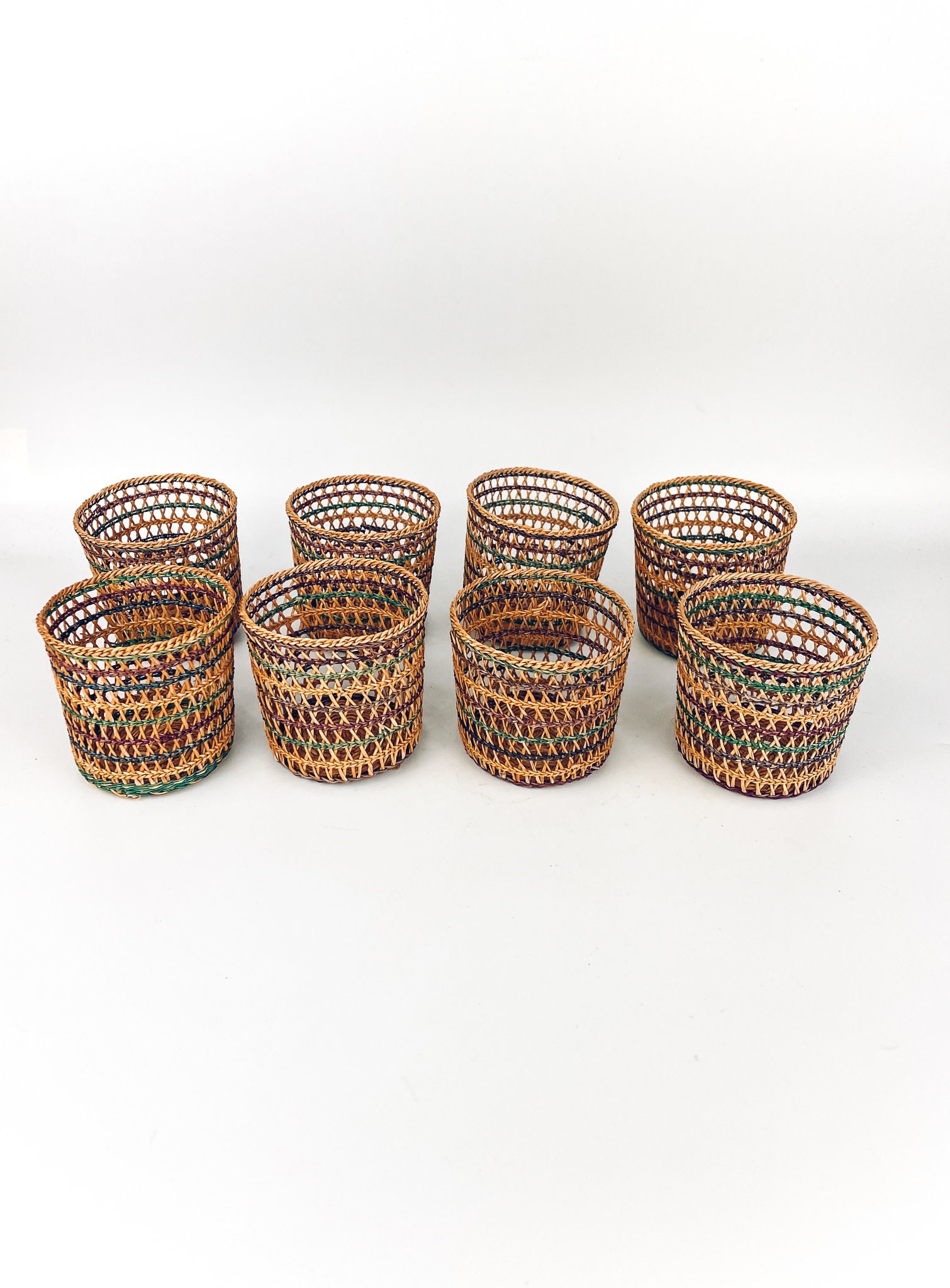 Set of Eight Colorful Small Wicker Cups Vintage Boho Decor - Etsy